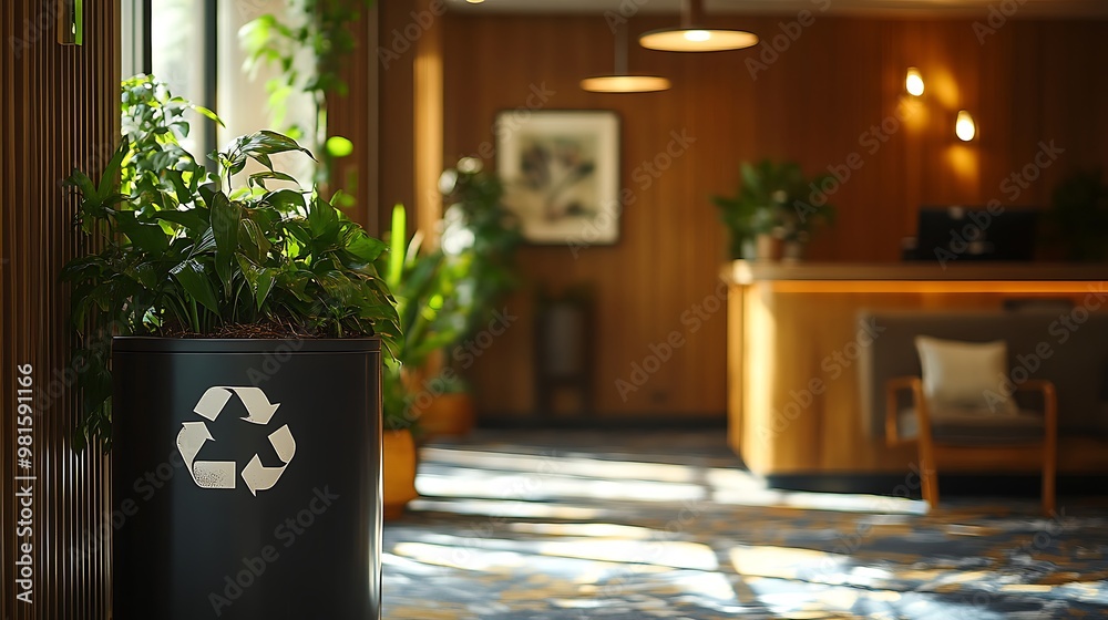 Eco-Friendly Hotel Lobby: A recycling bin with the universal symbol in ...