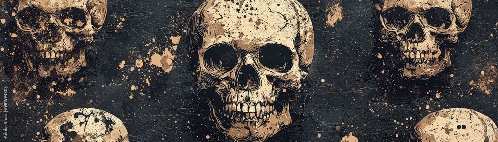 Grunge-style Halloween skull pattern in a seamless tile design, featuring varying sizes of ...