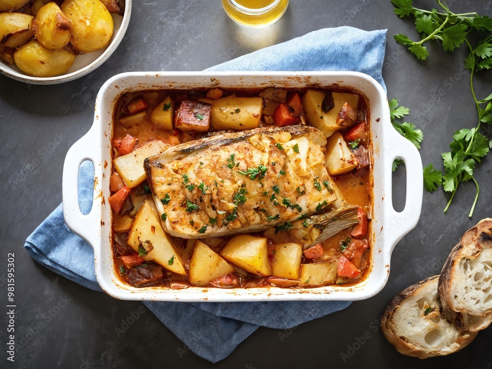 Deliciously baked fish with potatoes and vegetables served on a rustic ...