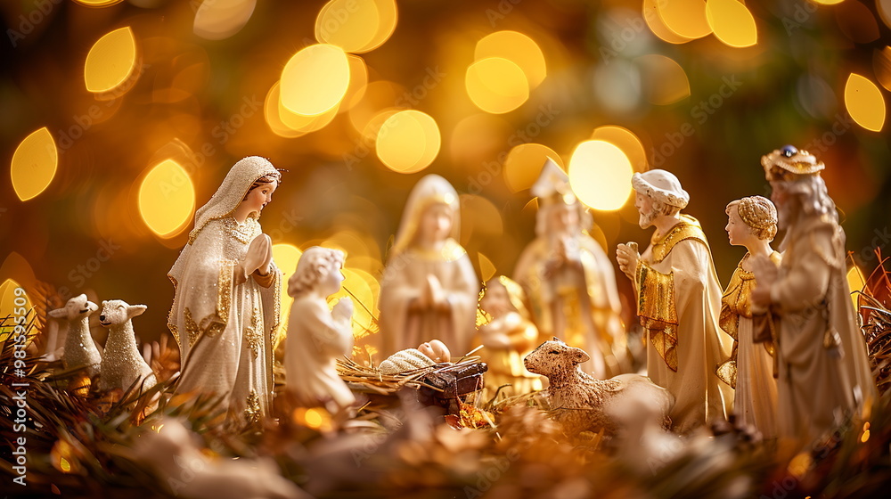 A detailed nativity scene set up on a table, featuring figures of Mary ...
