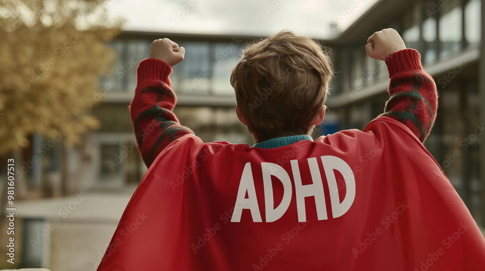 Young boy with raised hands standing in front of the school. He wears ...