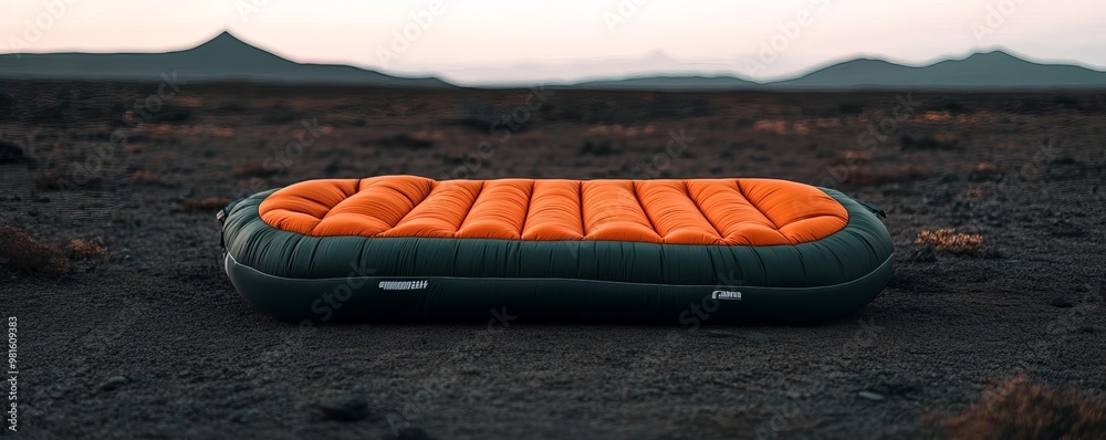 Sleeping bag with an air-cushioning system, floating above the ground ...