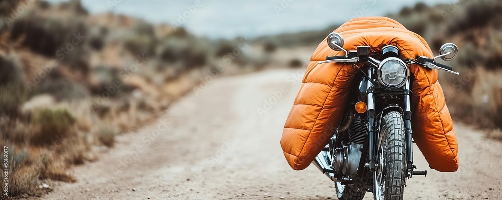 Vintage sleeping bag draped over a retro motorcycle parked on a dusty ...