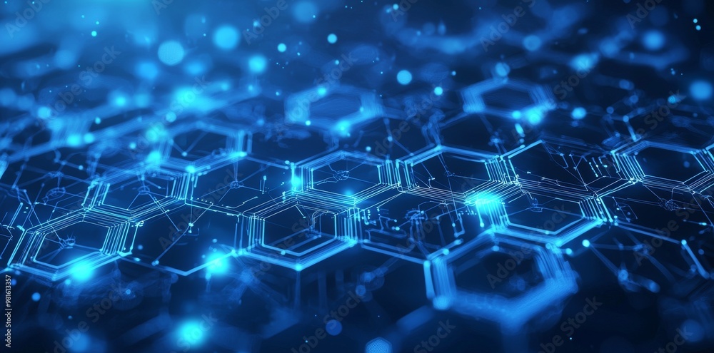 Icons of modern blue hexagonal and circuit network patterns with a ...