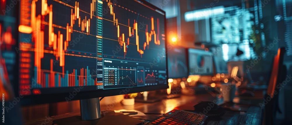 A modern trading setup displays glowing financial graphs and data on ...