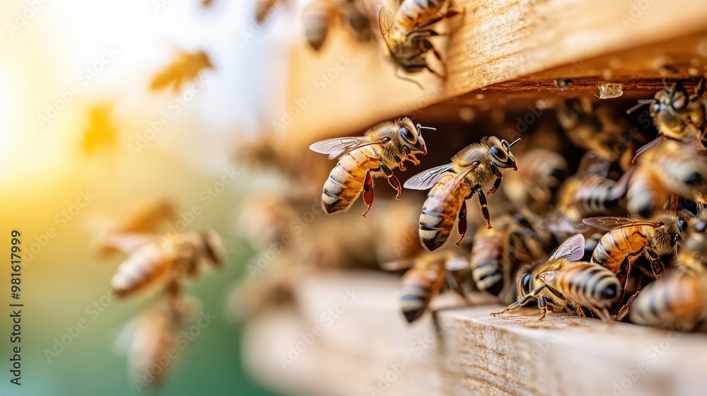 This image depicts a vivid and active scene of honey bees flying and ...