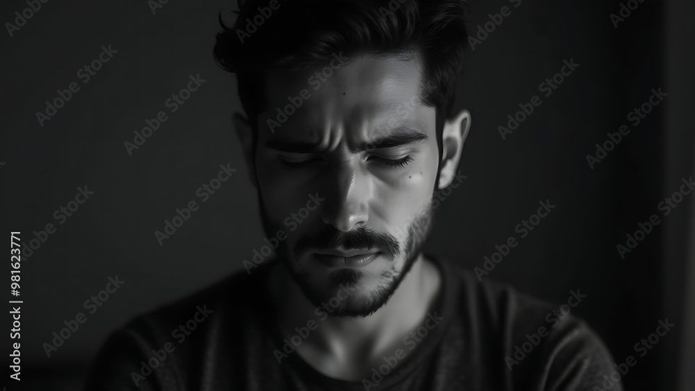 Dramatic depressed young man suffering from emotional pain. Somber ...