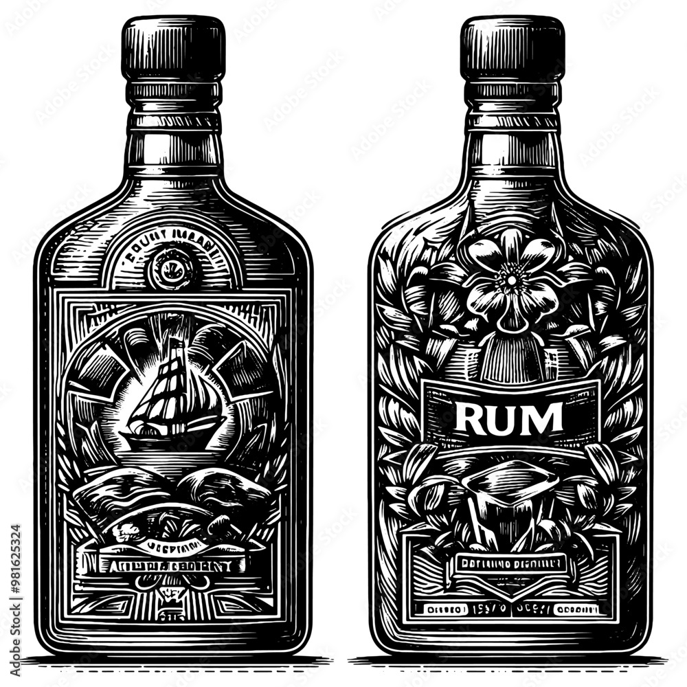 Hand drawn rum bottle labels with intricate designs on white background ...