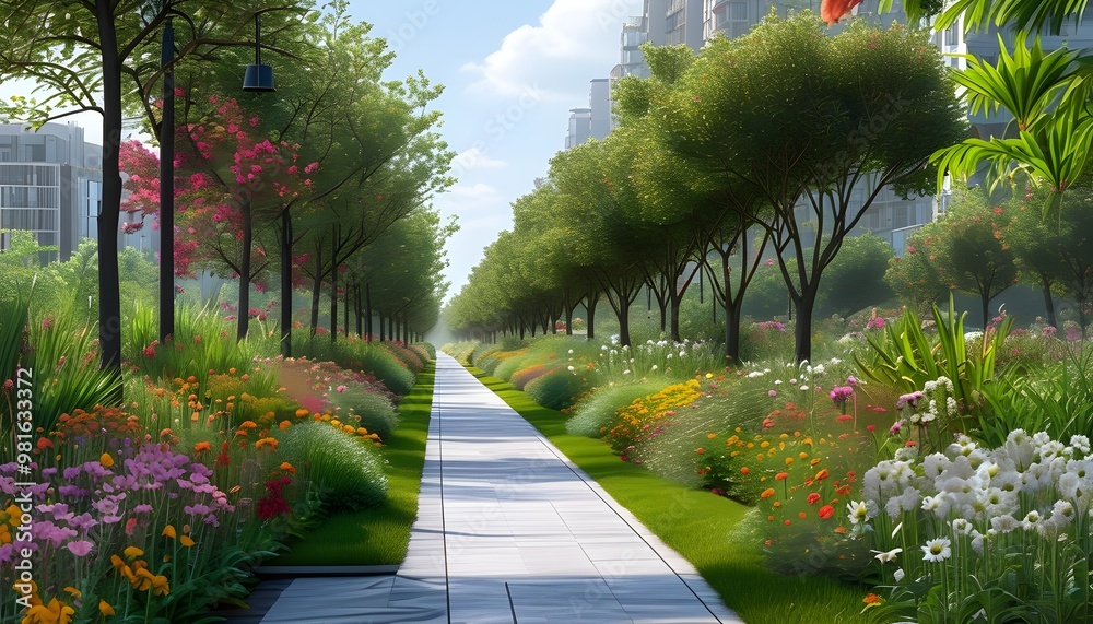 Lush urban sidewalk adorned with vibrant plants and trees, promoting ...