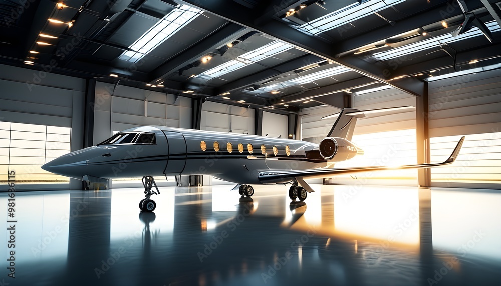 Elegant private jet showcased in a contemporary hangar, illuminated by ...