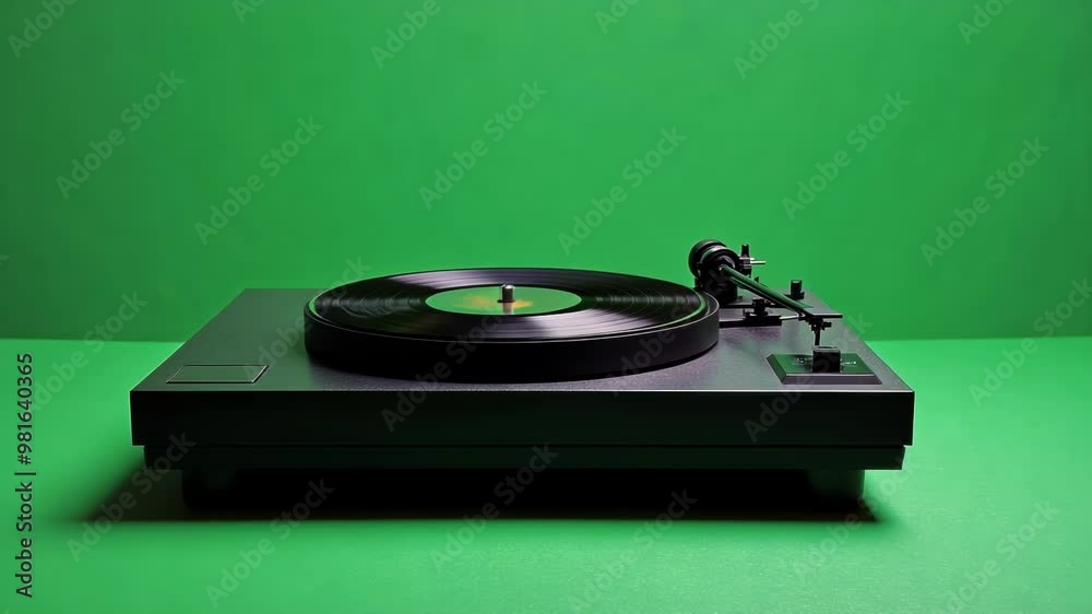 Black vinyl record player playing music on a vibrant green screen ...