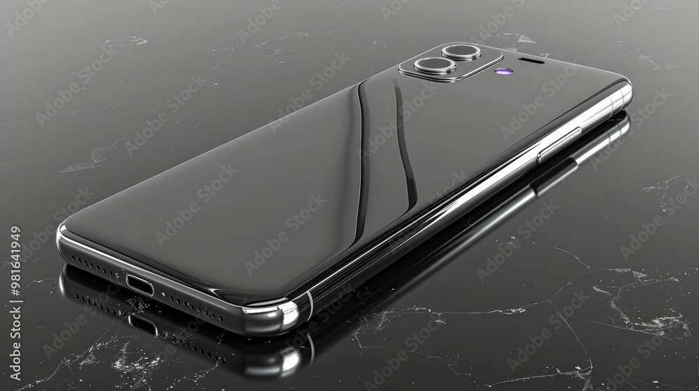 A stylish smartphone with a reflective black finish is positioned on a ...