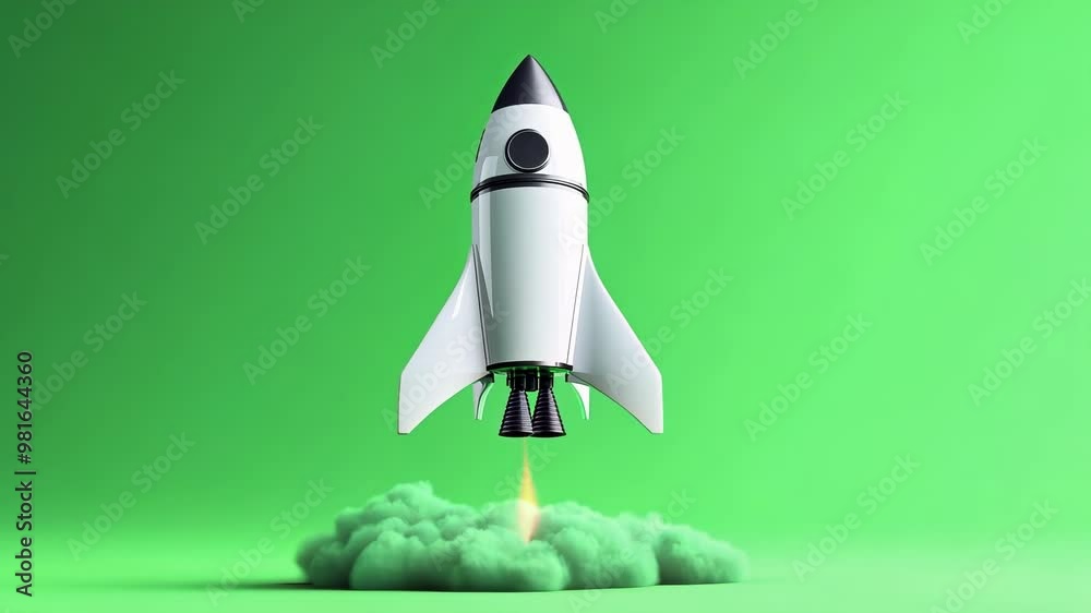 White rocket launching off the ground, surrounded by smoke, on a green ...