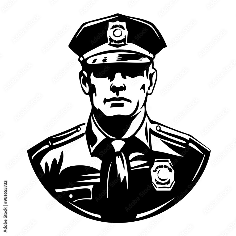 Stencil vector logo of a police officer's face with a cap, symbolizing ...