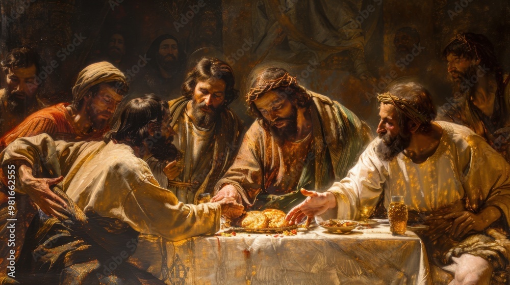 A depiction of the Last Supper, with Jesus breaking bread with His disciples, symbolizing ...