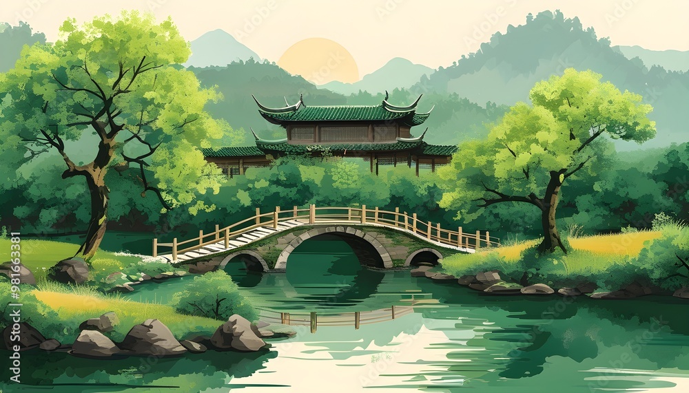 Charming Traditional Chinese Art Featuring a Green Bridge Over a River ...