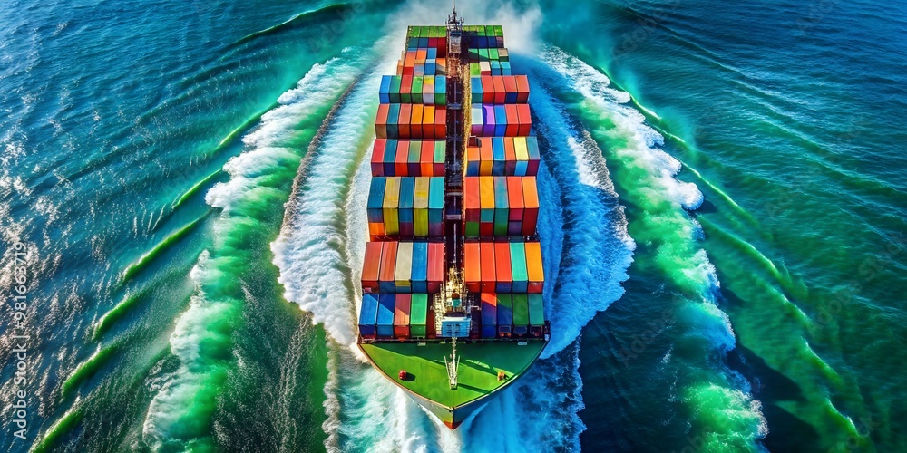 Aerial view of a brightly colored cargo ship cutting through calm blue ...