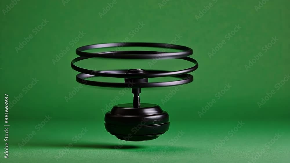 Black gyroscope is spinning and balancing on one end on a vibrant green ...