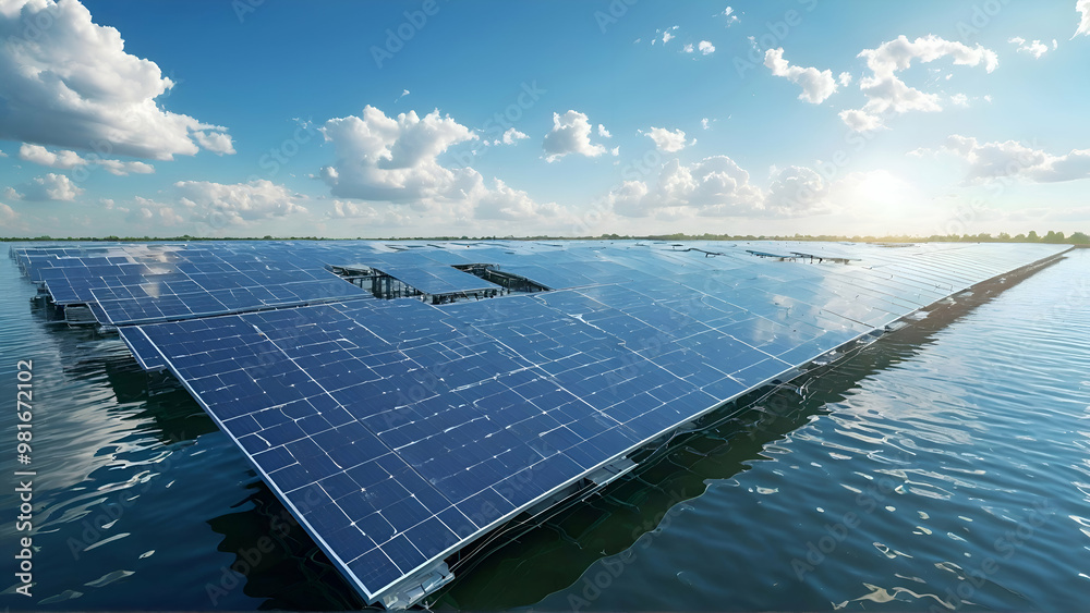 The large floating solar park farm. solar panels float in the water. Concept of alternative and ...