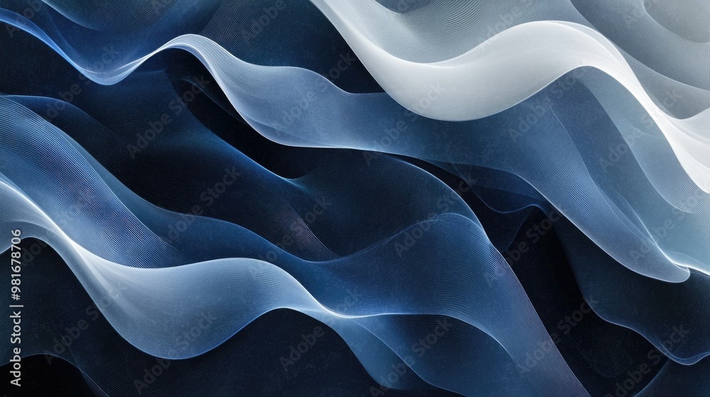 Abstract wavy lines in shades of white and blue, creating an undulating ...