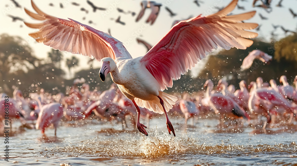 African Flamingo Takes Flight: A majestic pink flamingo ascends from a ...