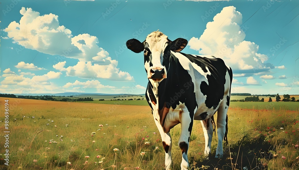 Nostalgic vintage scene of a cow grazing in a field under a blue sky ...