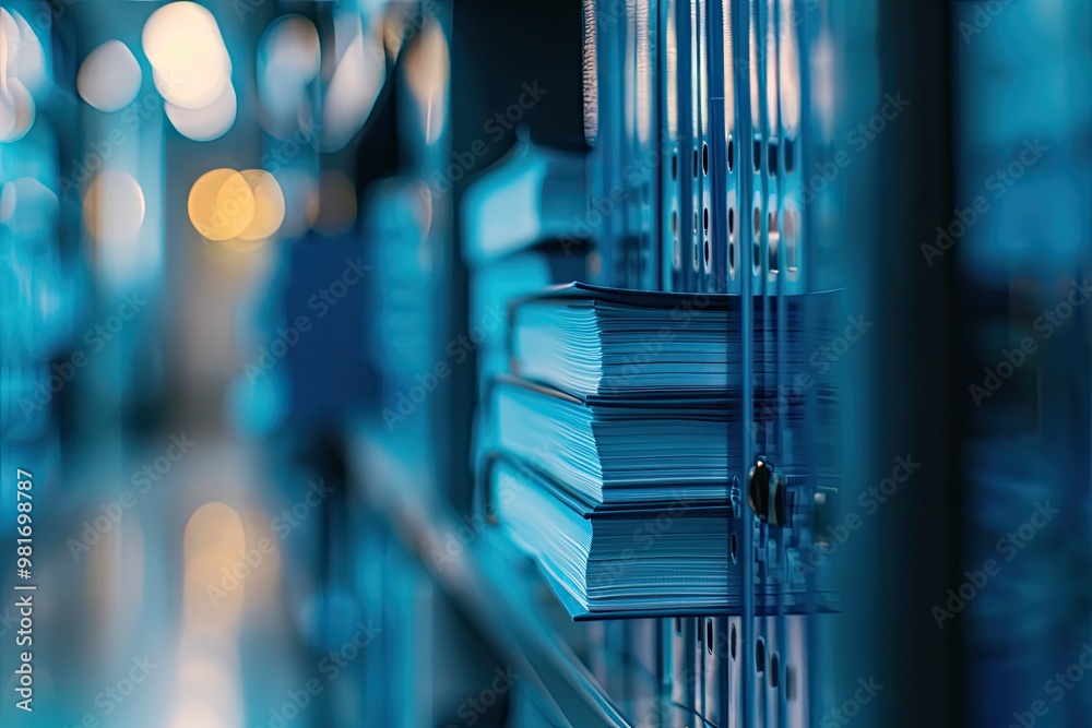Blue binders stacked in a row. The photo depicts a stack of blue ...