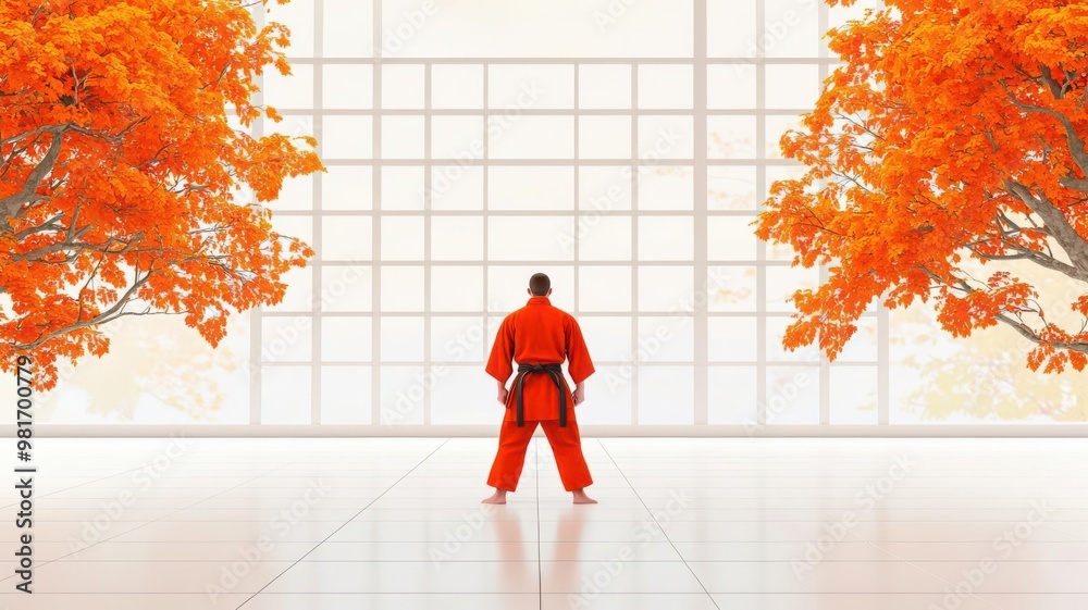 Mastery in martial arts flat design, front view, dojo theme, 3D render ...