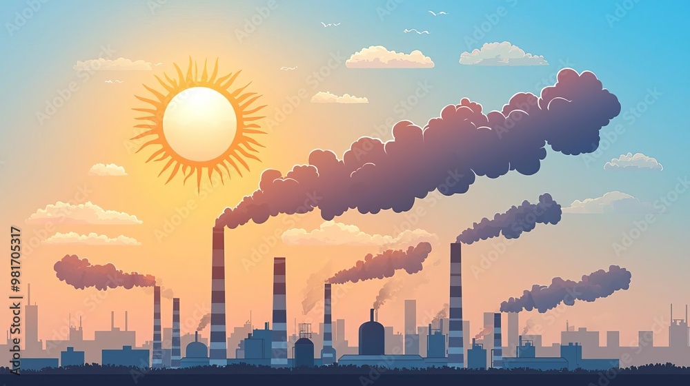 Weather Climate Change Factory chimneys with smoke under a sun ...