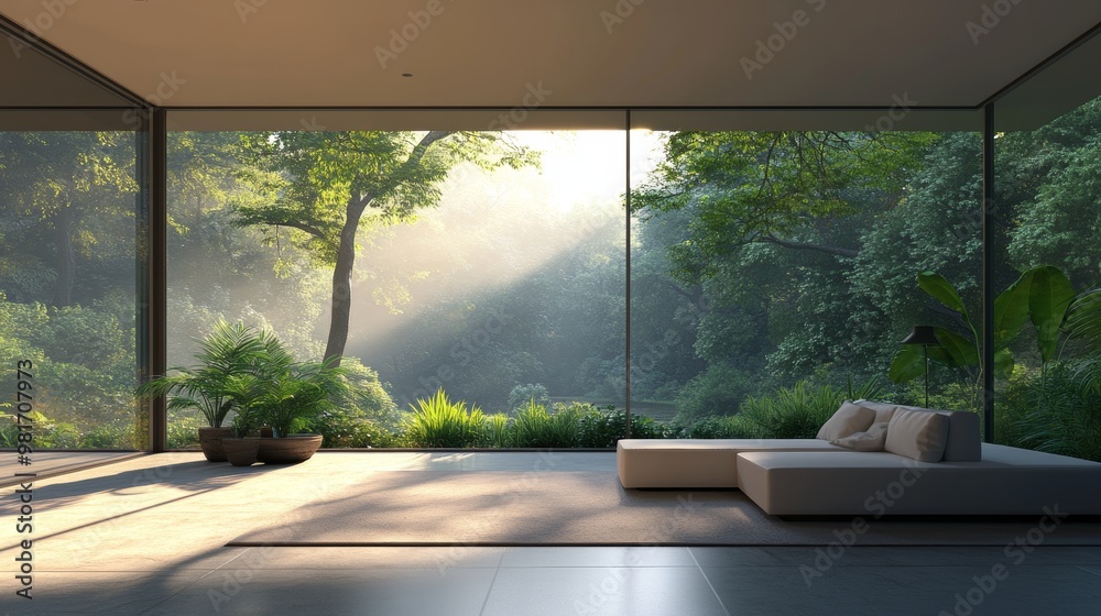 Minimalist white cube house, large floor-to-ceiling windows overlooking ...