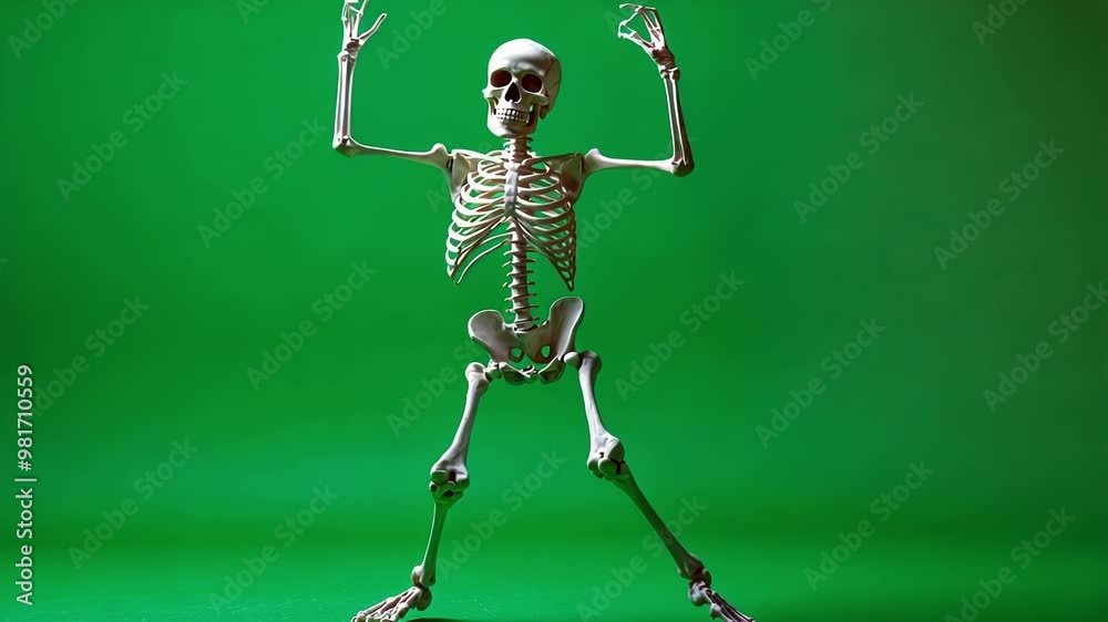 Human skeleton standing with arms raised, set against a vibrant green ...