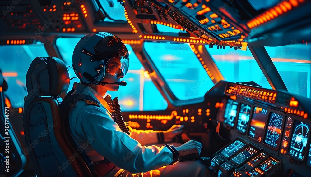 Futuristic pilot cockpit with advanced control panel illuminated by ...