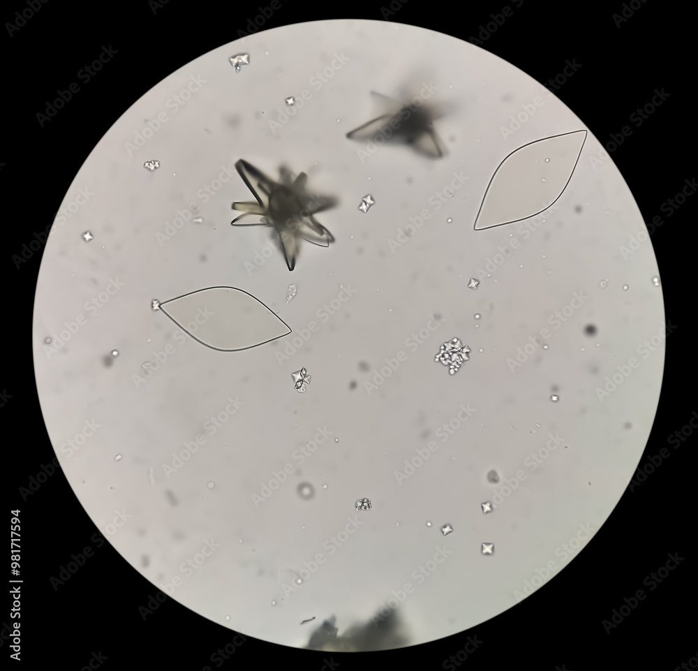 Microscopic image showing calcium oxalate monohydrate, uric acid ...