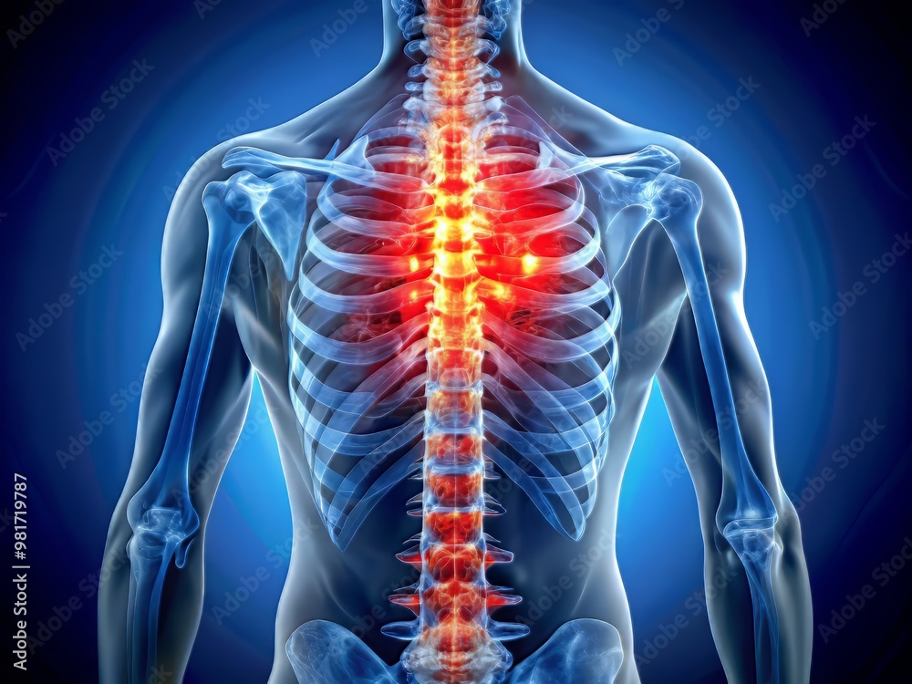 High-contrast scan image of the thoracic spine on a gradient blue ...