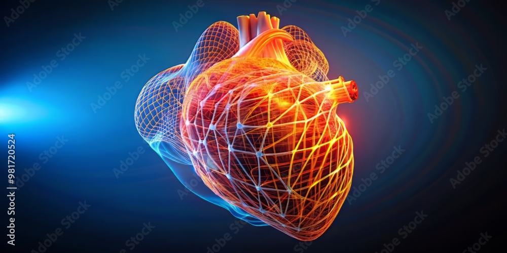 illustration of the myocardium as a vibrant red and orange mesh-like ...