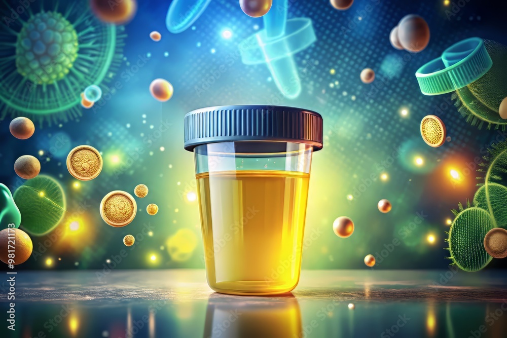 A 3D vector illustration of a urinalysis sample cup hovering above a ...