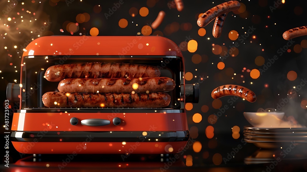Hot dog buns with hot dogs flying out of a toaster, product photography ...