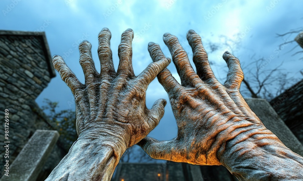 Zombie Hands Emerging from Centuries-Old Graves - A Scene of Decay and ...