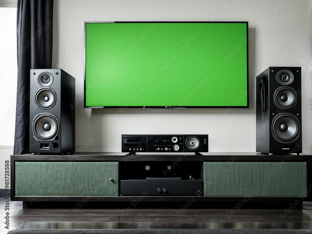 Modern LCD flat-screen TV on a black wooden table with cut green screen ...