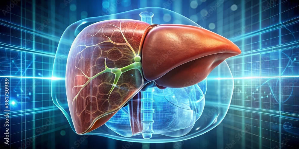 A highly detailed and realistic 3D illustration of a human liver with ...