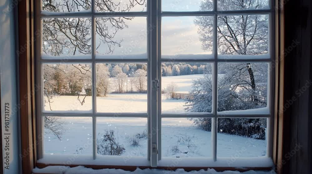 A cozy window with a view of a snowy landscape, creating a peaceful and ...