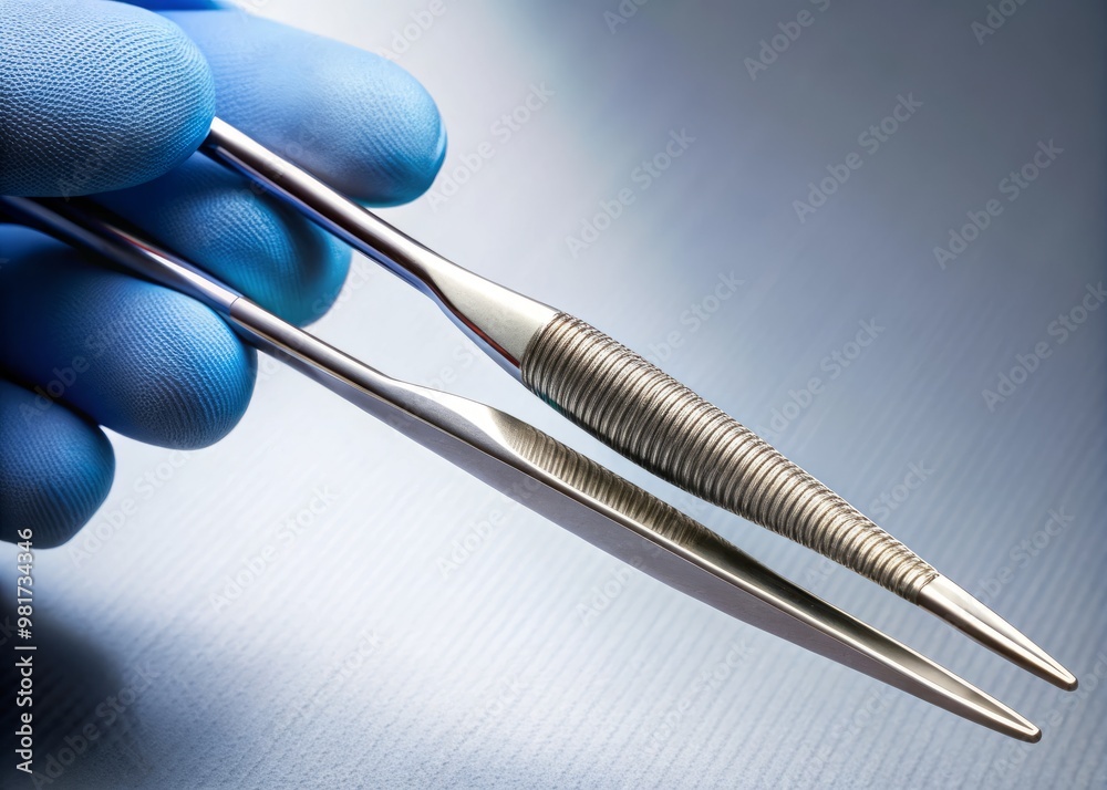 Microsurgical forceps and needle holder in use, surrounded by subtle ...