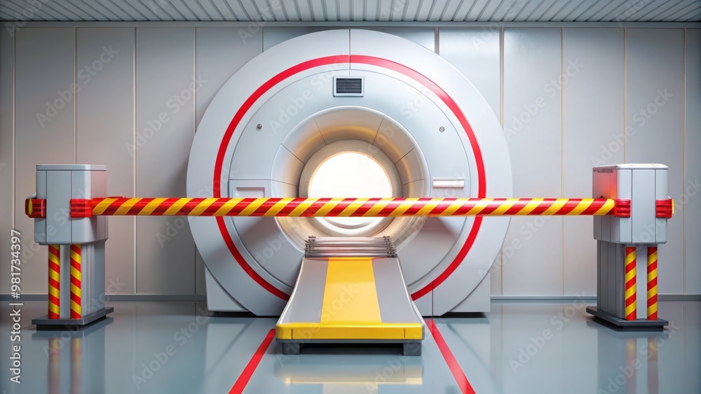 A minimalist illustration of an MRI machine with bold red and yellow ...