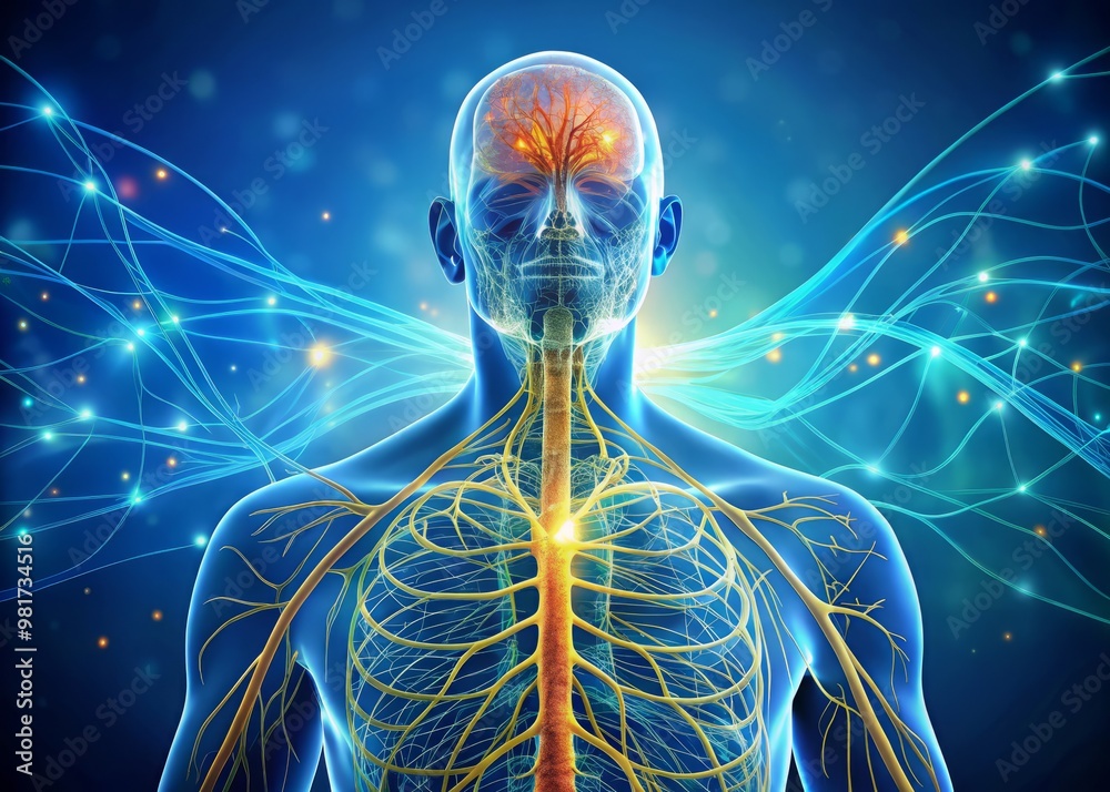 Illustration of the peripheral nervous system showing nerve fibers and ...