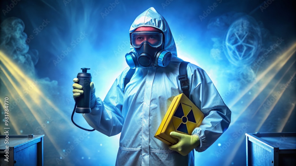 A cautionary illustration of a person wearing a hazmat suit and holding ...