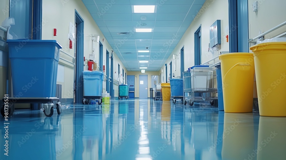 Hospital Corridor with Medical Waste Bins and Cleaning Supplies Stock ...