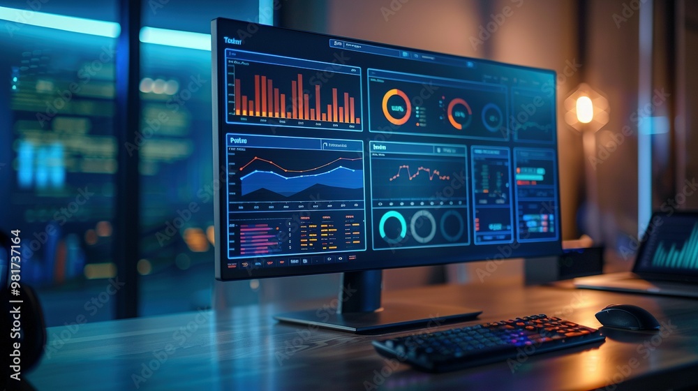 Real-Time Data Analytics: Computer Monitor Showcasing an Abstract Network Monitoring Dashboard ...