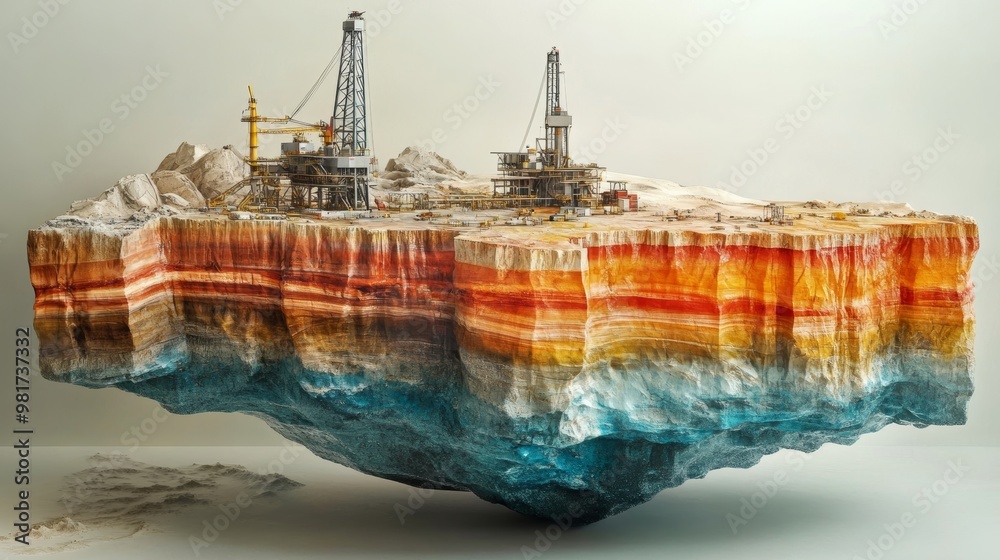 Surreal Floating Island with Futuristic Offshore Oil Rig Platform in ...