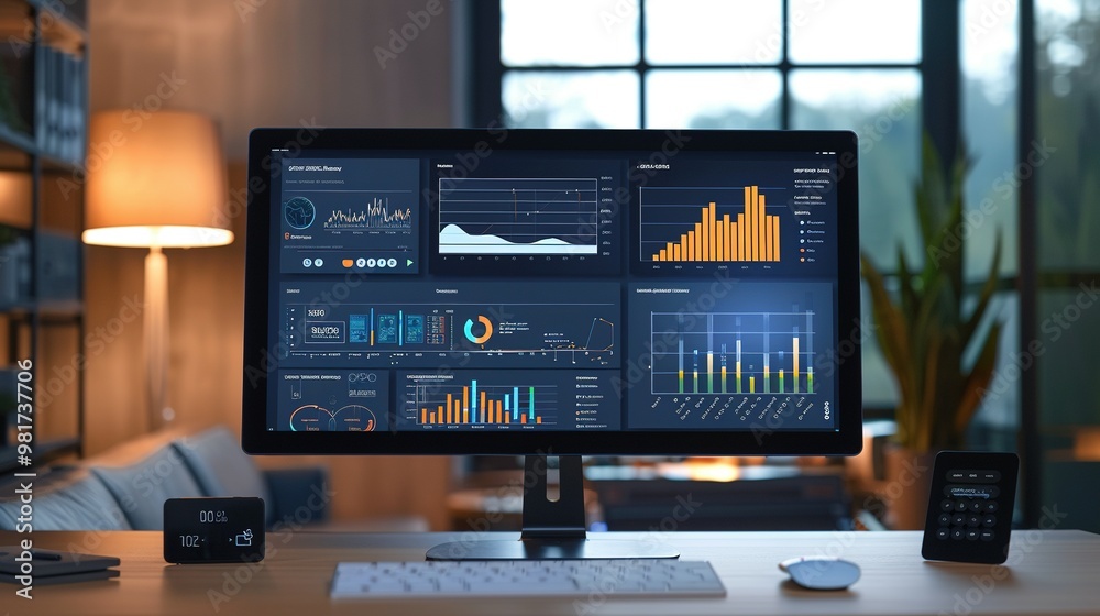 Network Monitoring Dashboard on Computer Monitor: Abstract Design Featuring Real-Time Data ...