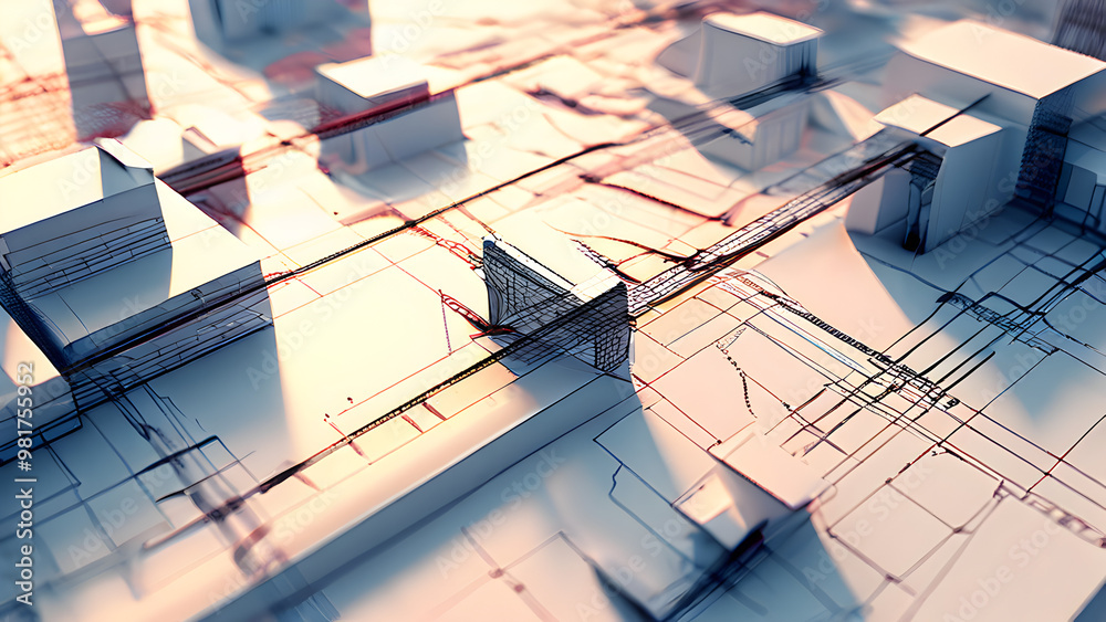 3D renderings of abstract civil engineering designs made up of lines ...